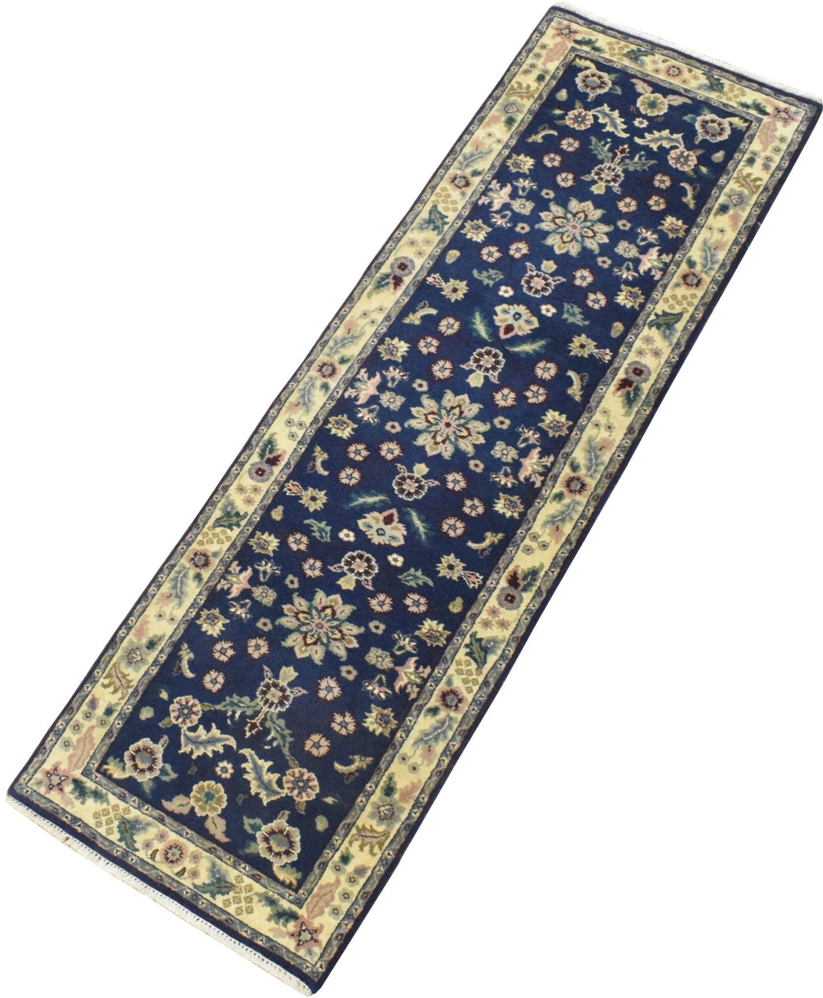 2.6x8 Blue and Beige Fine Runner Hand Knotted Area Rug | Floral Design
