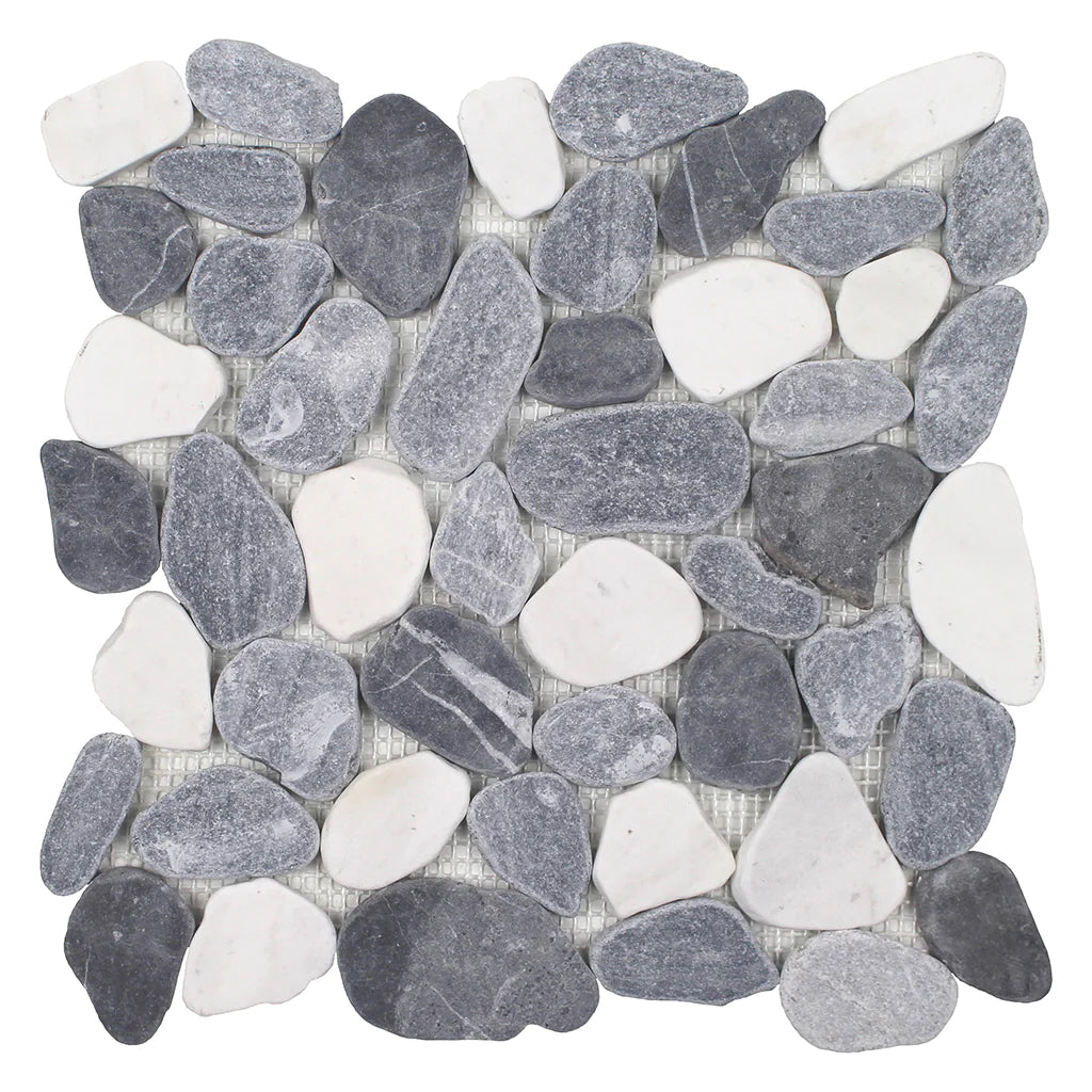 White/Blue/Grey Mix Pebble Stone Mosaic Tile on 11.5"x11.5" Mesh Beach ...