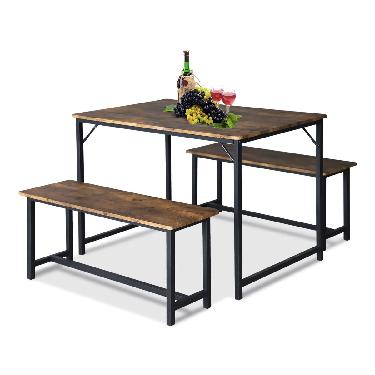 3 Piece Dining Table Set for 4, 43" Rustic Kitchen Table with 2 Benche ...