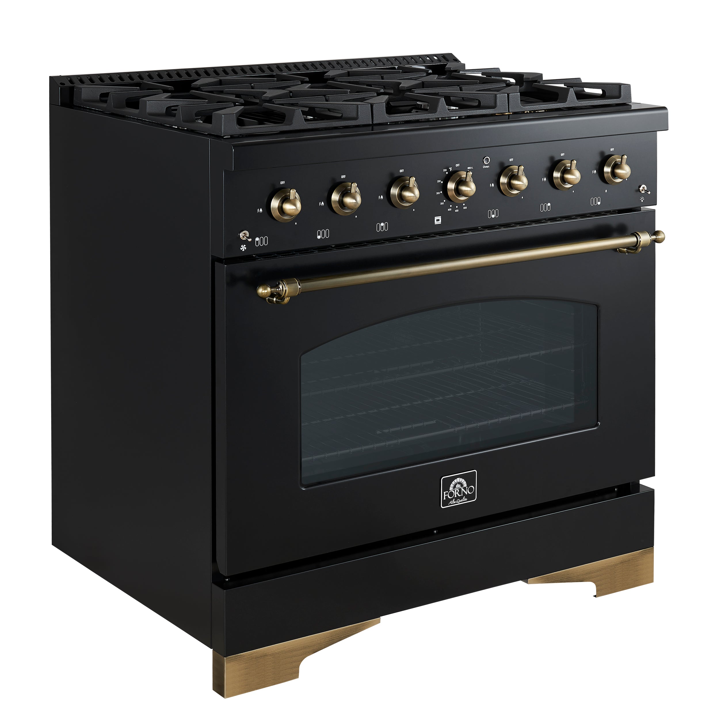 Forno Antico 36-inch Dual Fuel Range, Black and Antique Brass, 6 Burne ...