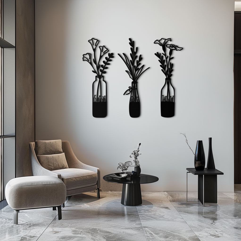 Rustic Floral Bottle Metal Wall Art - Elegant Vase & Flower Steel Deco