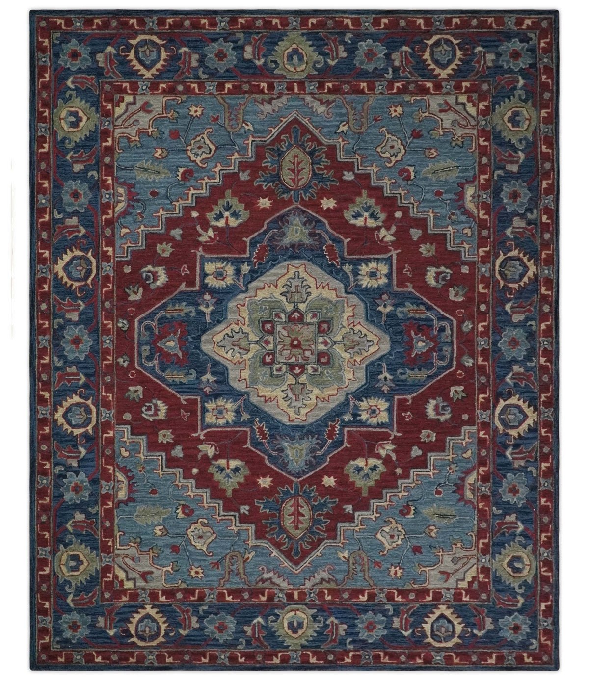 Antique look Maroon and Blue Hand Tufted Traditional Heriz Medallion M ...