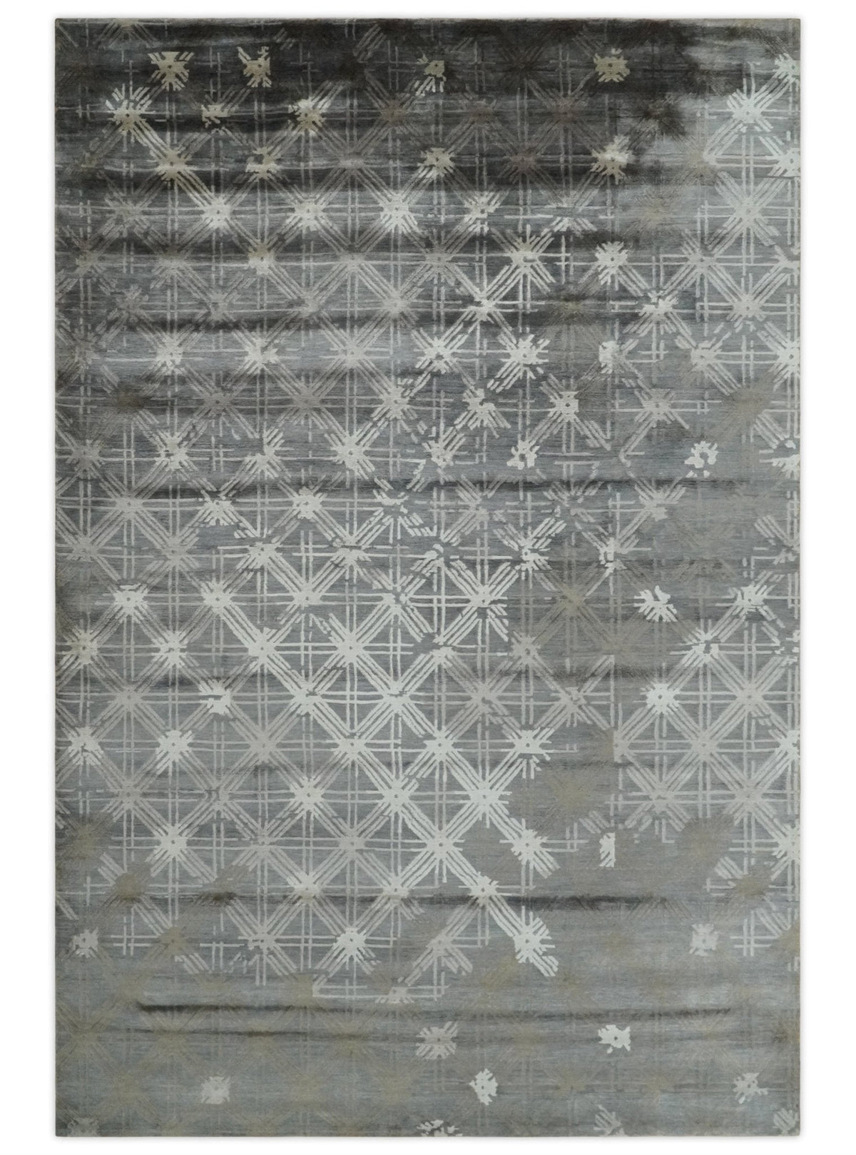 Antique look Gray and Ivory Geometrical Stripes Pattern Hand loom Visc ...
