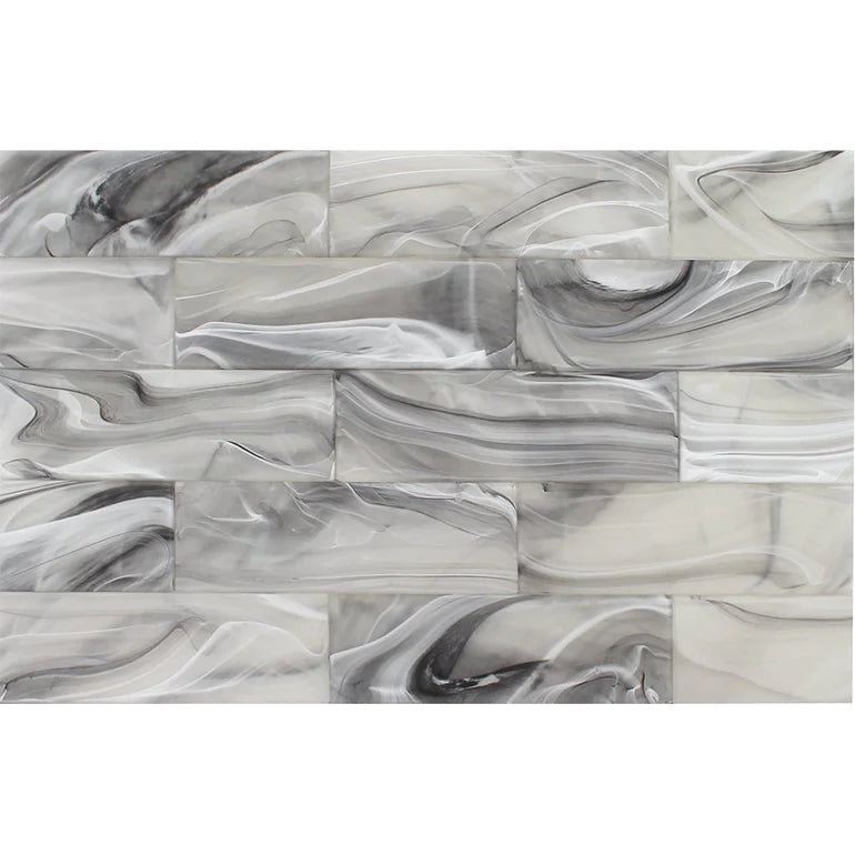 Thunder White on Black 3"x9" Glass Subway Tile Clouds Series - Aquatic