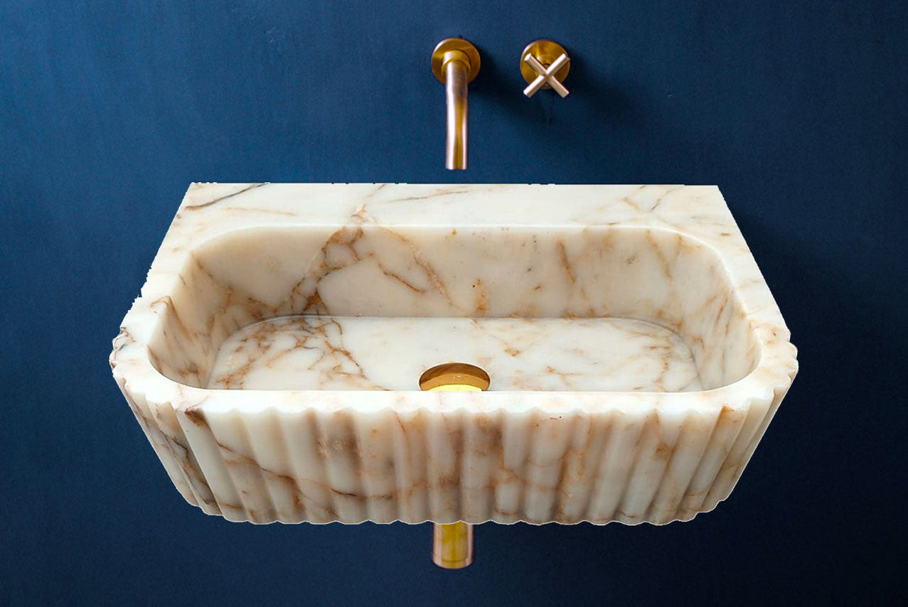 Calacatta Gold Marble Wall-mount Bathroom Vanity Sink Fluted (W)16" (L