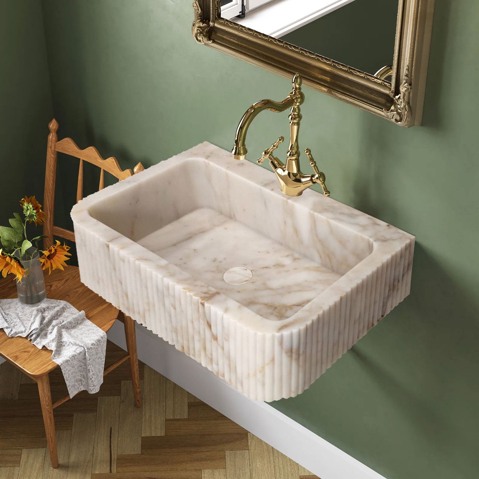 Calacatta Gold Marble Wall-mount Bathroom Vanity Sink Fluted (W)18" (L