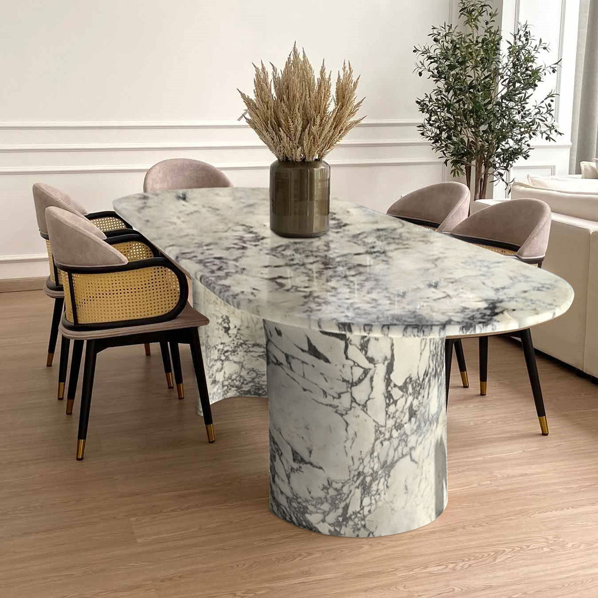 Calacatta Viola Marble Oval Dining Table with C Shape Marble Legs Poli