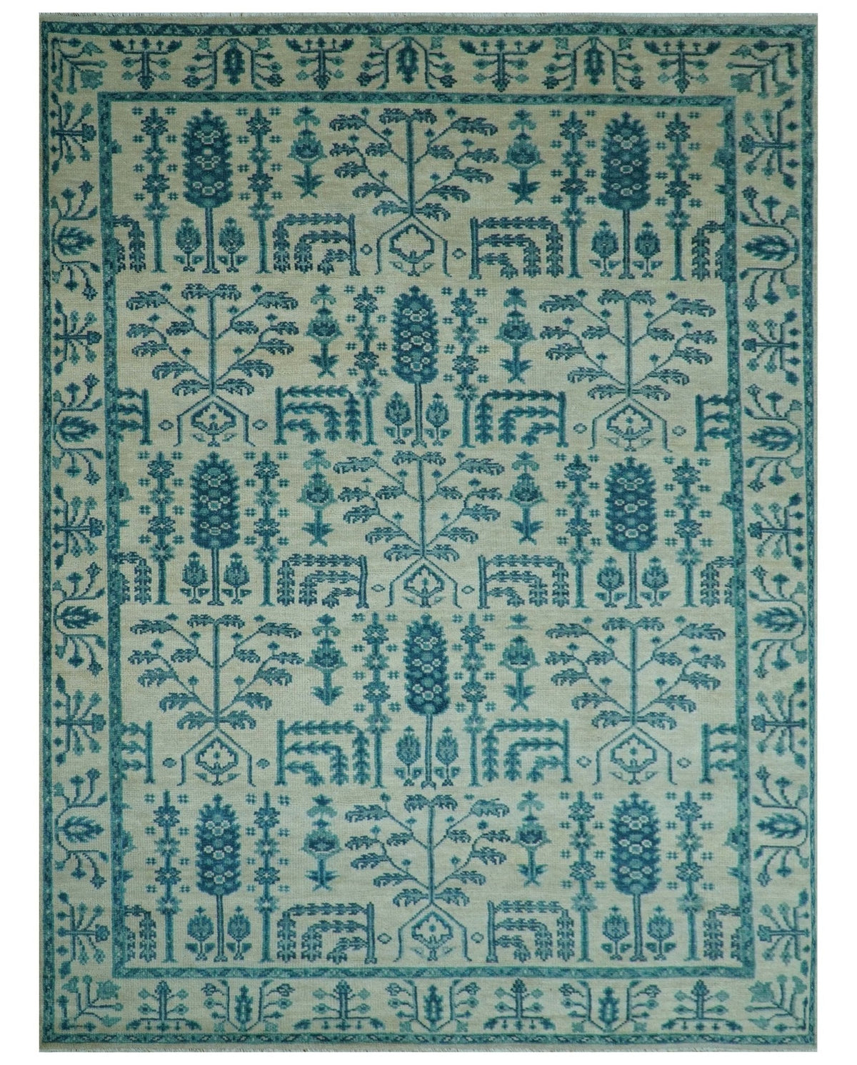 Custom Made Traditional Tree of Life Teal And Ivory Hand Knotted Wool ...