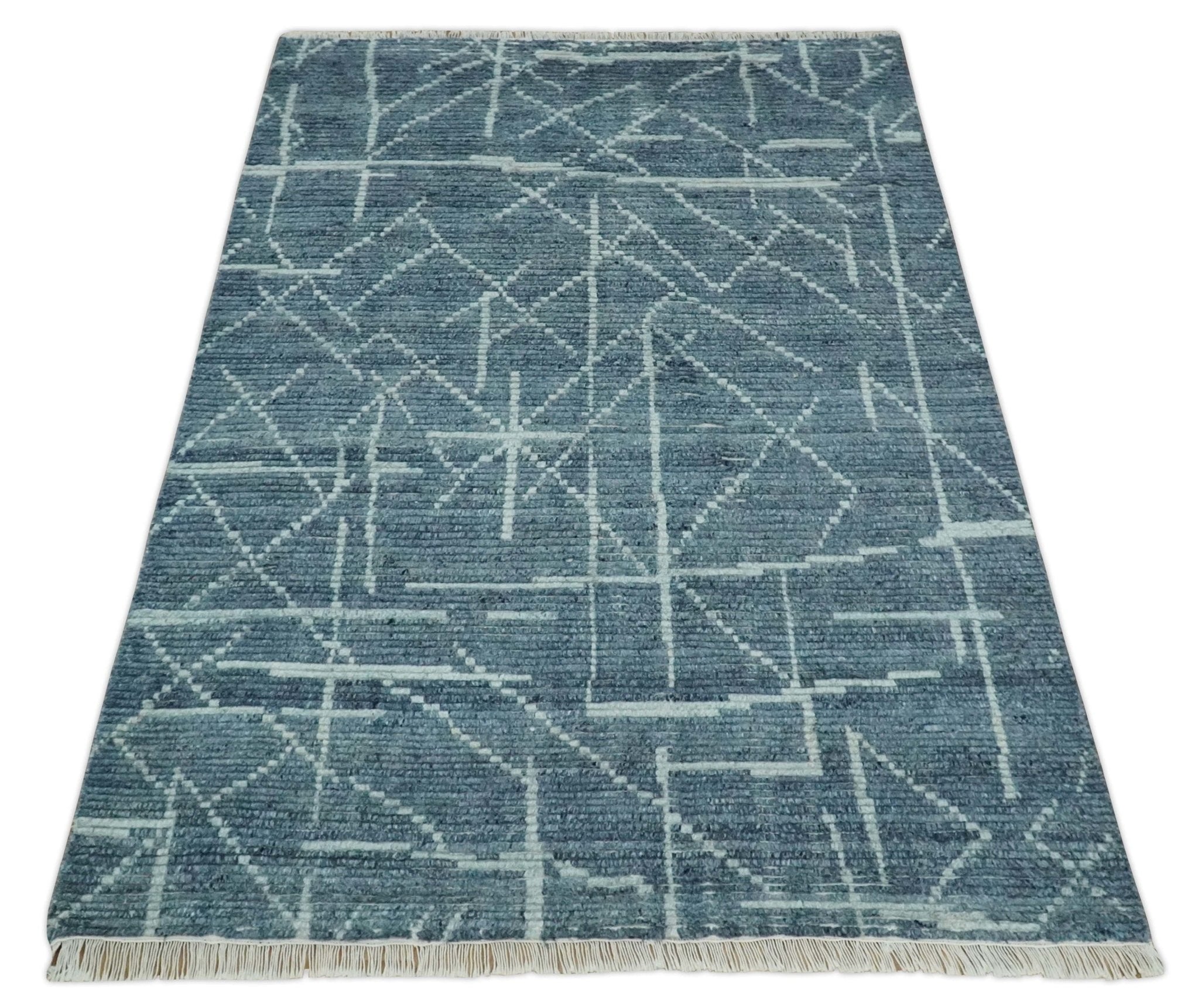 Hand Knotted Blue and Silver Trellis Moroccan Rug Made with Blended Wo ...
