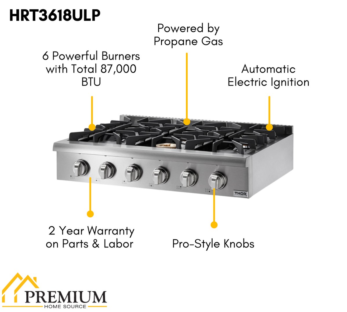 THOR Kitchen 36 in. Liquid Propane Gas Cooktop in Stainless Steel with